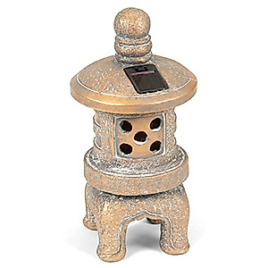 Red Co. 11” Solar-Powered LED Round Pagoda Lantern Asian Décor Zen Garden Statue, Distressed Gold