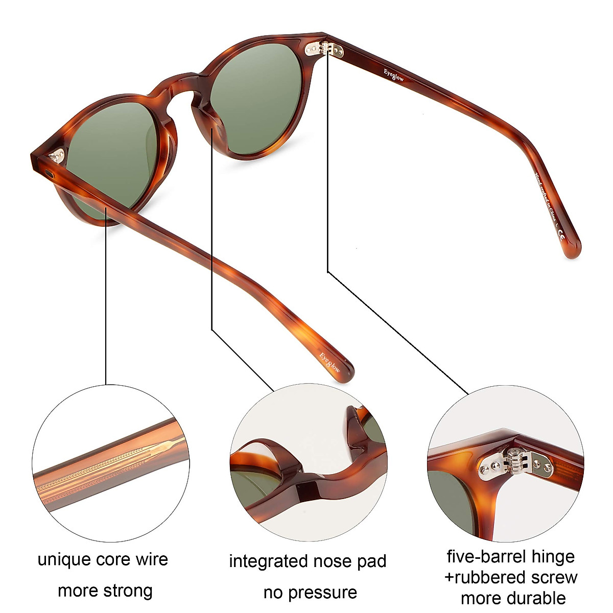 EyeGlow Retro Sunglasses Women Round Small Sunglasses Men Sunglasses for Women Polarized Lens Acetate Material Tortoise Color Green Lens