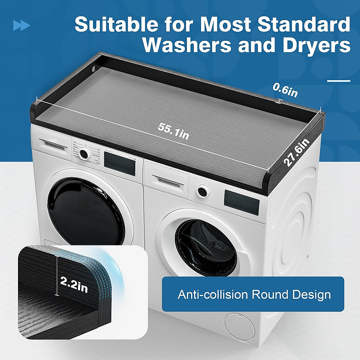 Washer Dryer Countertop 27.5" W x 54" L Laundry countertop for Storage and Organization with Edge Rails, Black