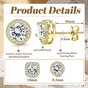 Hayoso 18K Gold Plated Halo Stud Earrings 925 Sterling Silver Cubic Zirconia, Round Square Diamonique Stud Earrings Set for Women Men - Gold