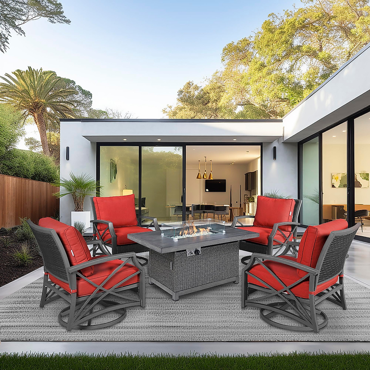 Kinger Home Novi 5-Piece Outdoor Patio Furniture Set with 52-Inch Propane Fire Pit Table - CSA Certified, 50,000 BTU, Swivel Chairs, Aluminum Frame, Includes Fire Glass & Wind Guard