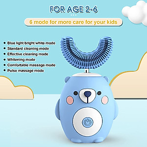 GASLIKE Kids Toothbrush Electric, U Shaped Ultrasonic Toothbrush with 3 Brush Heads, Six Cleaning Modes, IPX7 Waterproof Design for Children Kids Toddler 2-7 Years (Blue)