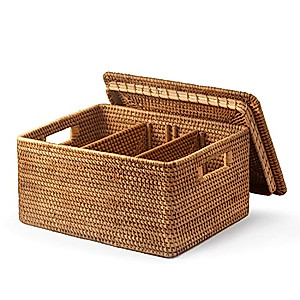 GaiaMade Handwoven Rattan Basket With Lid, Natural Wicker Storage Basket with Detachable Divider for Organizing, Large Wicker Basket With Lid for Storage and Decoration