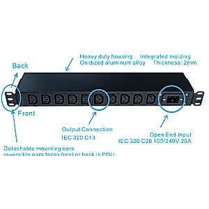 WatchfulEyE WTH-CS/PDU-C13-E (US121052E) Heavy Duty Metal 1U Rack Mount PDU, Inlet C20 20A 120/240V Open end (Without Extension Cord), Outlet C13 x10 Ports