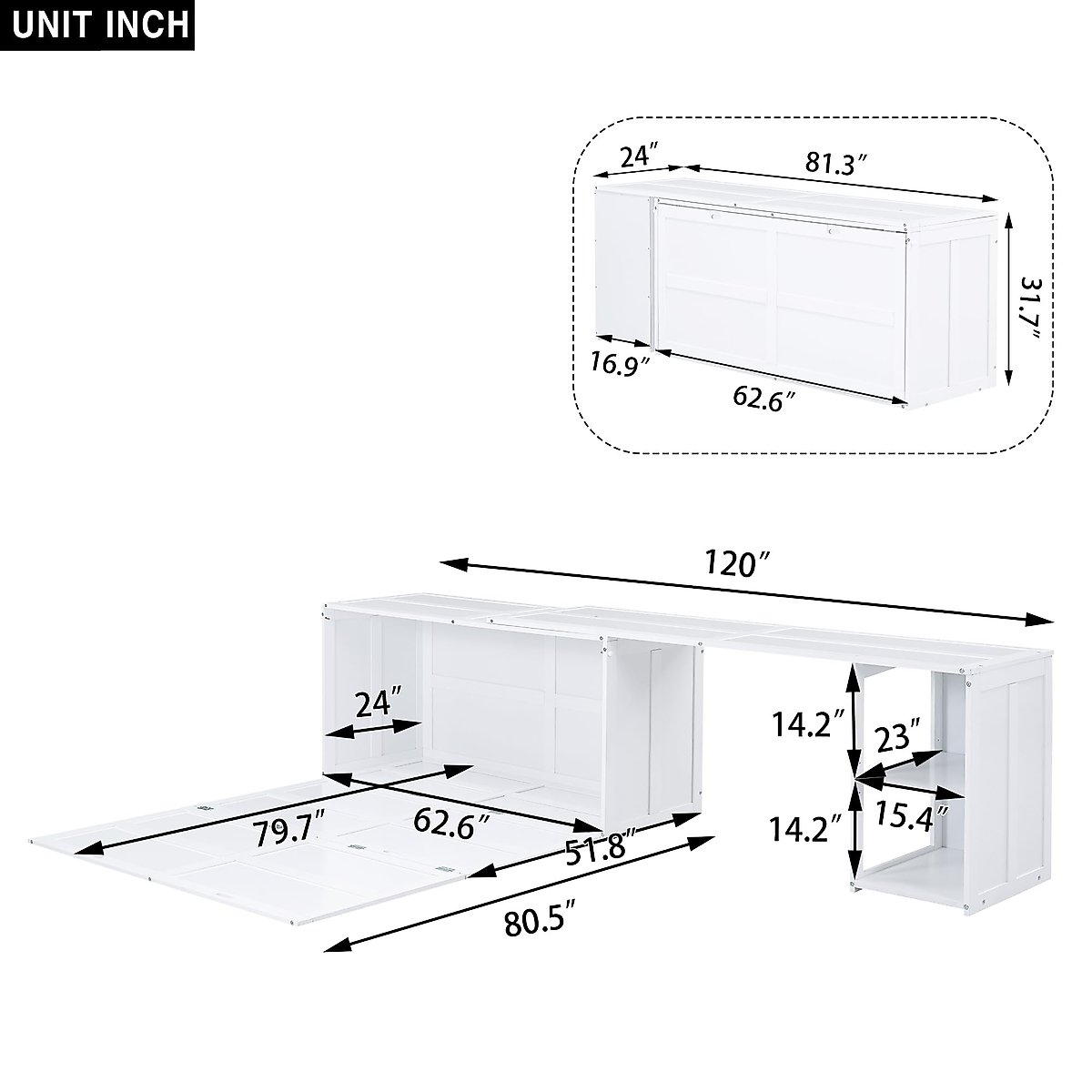 Murphy Bed with Rotable Desk,Queen Size Space-saving Platform Bed Frame with Storage Desk for Bedroom,Easy to Assembly, No Need Spring Box (White)