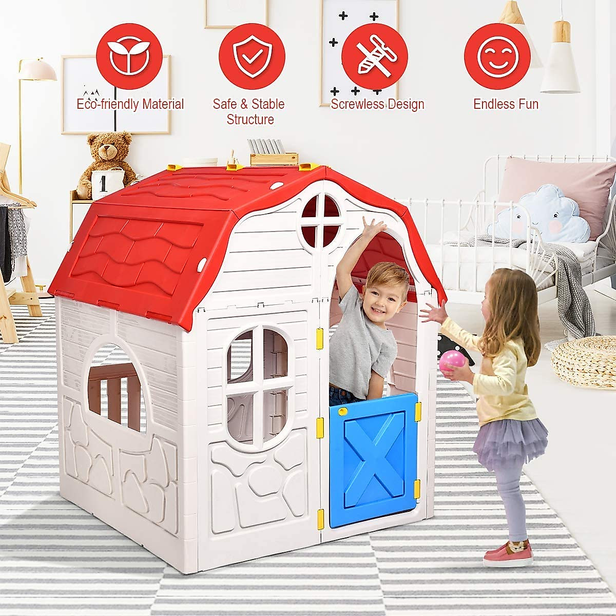 Costzon Kids Foldable Playhouse, Portable Game Cottage with Windows, Door, Realistic Home and Garden Play House, Gift for Toddler Boys Girls Indoor Outdoor