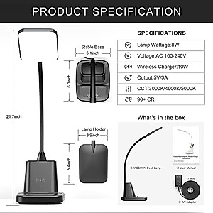Vicsoon Desk Lamp for Home Office, LED Desk Lamp with Wireless Charger Pen Holder, Dimmable Desk Light with 3 Color Modes, Black Office Lamp for Dorm