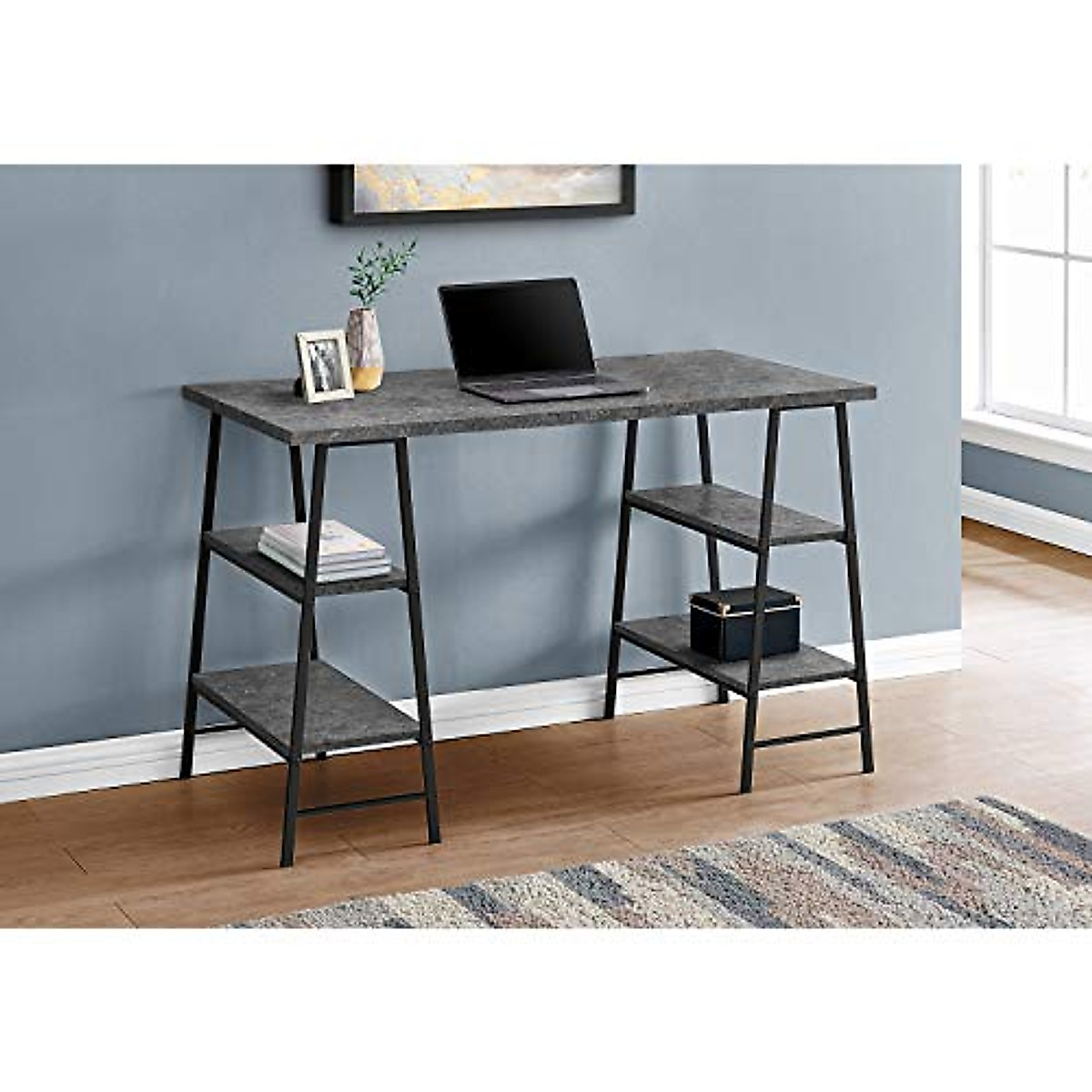 Monarch Specialties 7526 Computer Desk, Home Office, Laptop, Storage Shelves, 48" L, Work, Metal, Laminate, Black, Contemporary, Modern Desk-48 L Grey Stone-Look, 47.25" L x 23.75" W x 30" H