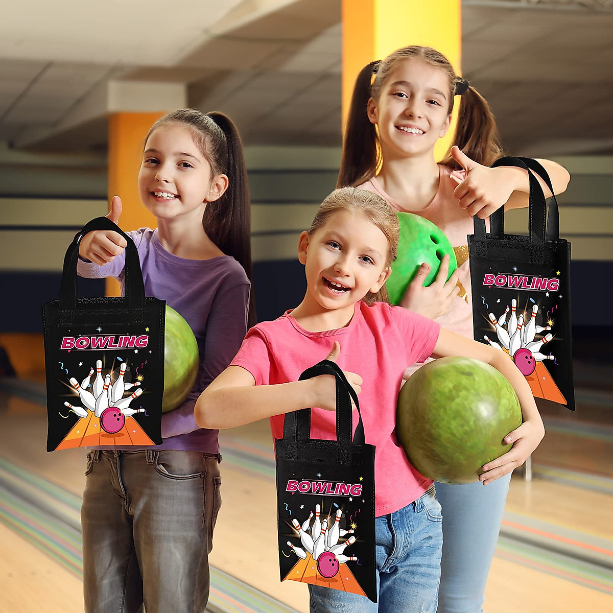 Kajaia 24 Pcs Bowling Party Favor Bags Bowling Goodie Bags Reusable Non Woven Bowling Gift Bags with Handles Bowling Party Decor Bowling Birthday Party Supplies(Cute Style)