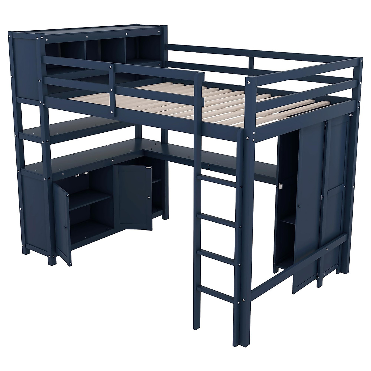 VilroCaz Wood Loft Bed with Built-in Desk and Wardrobe, Modern Full Size Loft Bed Frame with Cabinet and Bookshelf for Kids Teens Adults Bedrooms, Maximize Space (Dark Blue-7.22)