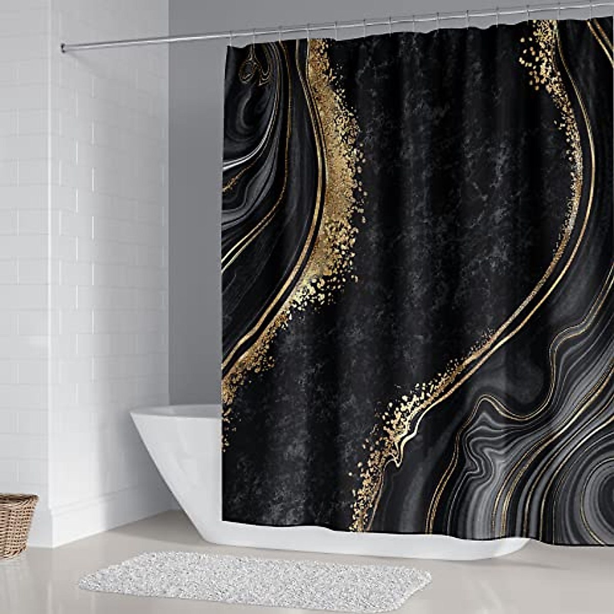 BEIFIVCL 4Pcs Luxury Marble Shower Curtain Sets, Bathroom Sets with Shower Curtain, Toilet Lid Rug, Contour Mat and Bath Mat, Shower Curtain with 12 Hooks for Bathroom Set Decor (72 x 72 Inch), Black
