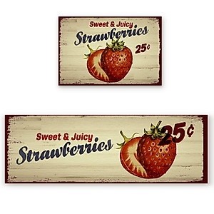 Z&L Home Kitchen Rug Sets 2 Piece Floor Mats Non-Slip Rubber Backing Area Runners Fresh Strawberry on Vintage Wood Board Doormat Rustic Fruit Indoor Washable Carpet Door Mat Pad, 15.7x23.6in+15.7x47.2in
