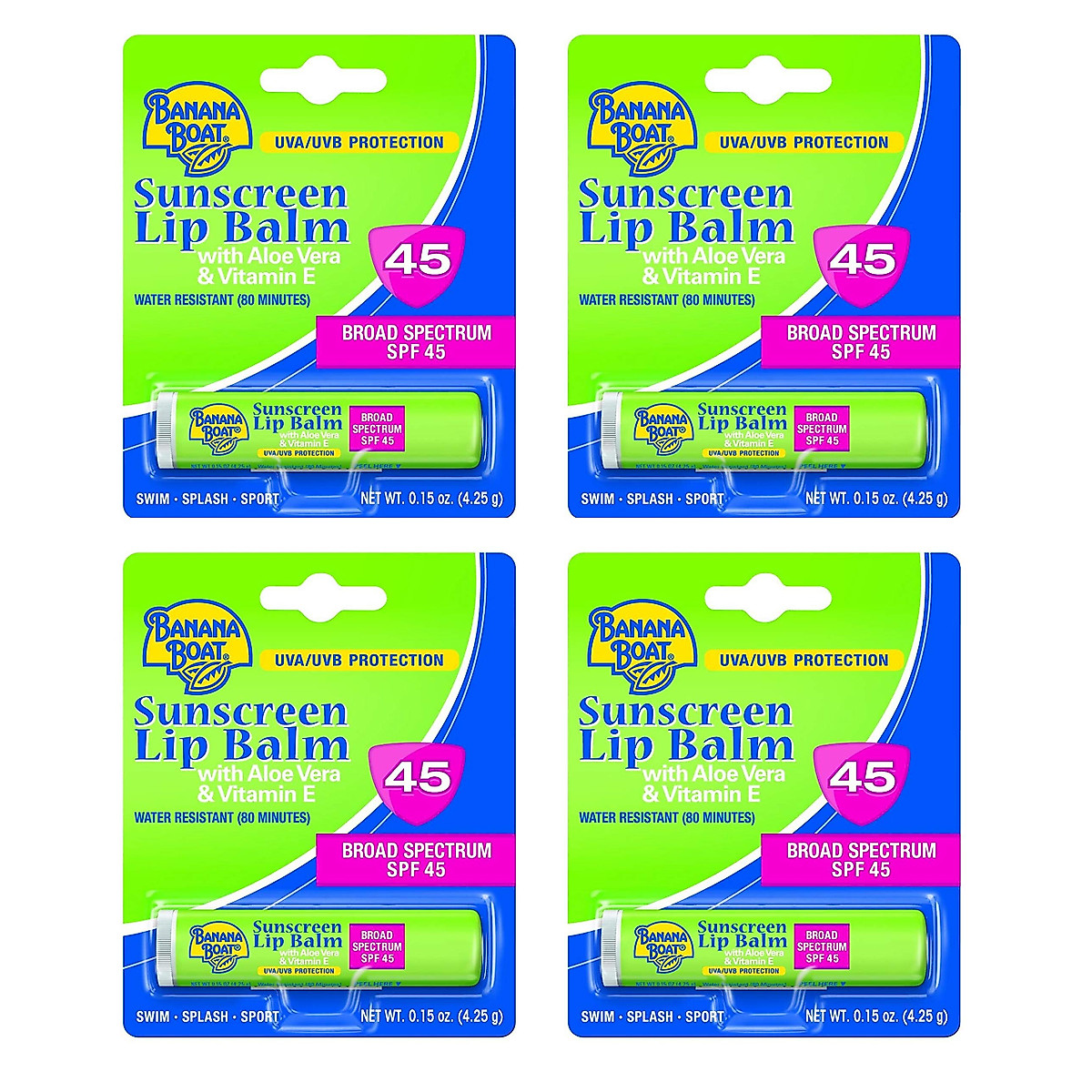 Banana Boat Sunscreen Lip Balm Aloe Vera With Vitamin E SPF 45 0.15 oz (Pack of 4)
