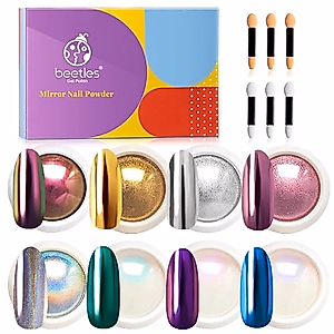 Beetles Chrome Nail Powder Mirror Effect Holographic Aurora Iridescent Pearlescent Manicure Nail Art Decoration Glitter, 8 Colors 1g or 0.5g/Jar