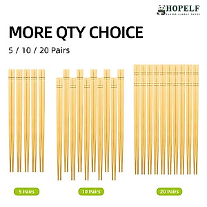 HOPELF 5 Pairs Bamboo Chopsticks Wooden Chinese Classic Style，9 1/2 Inches，More Quantity Choices 10Pairs/20Pairs