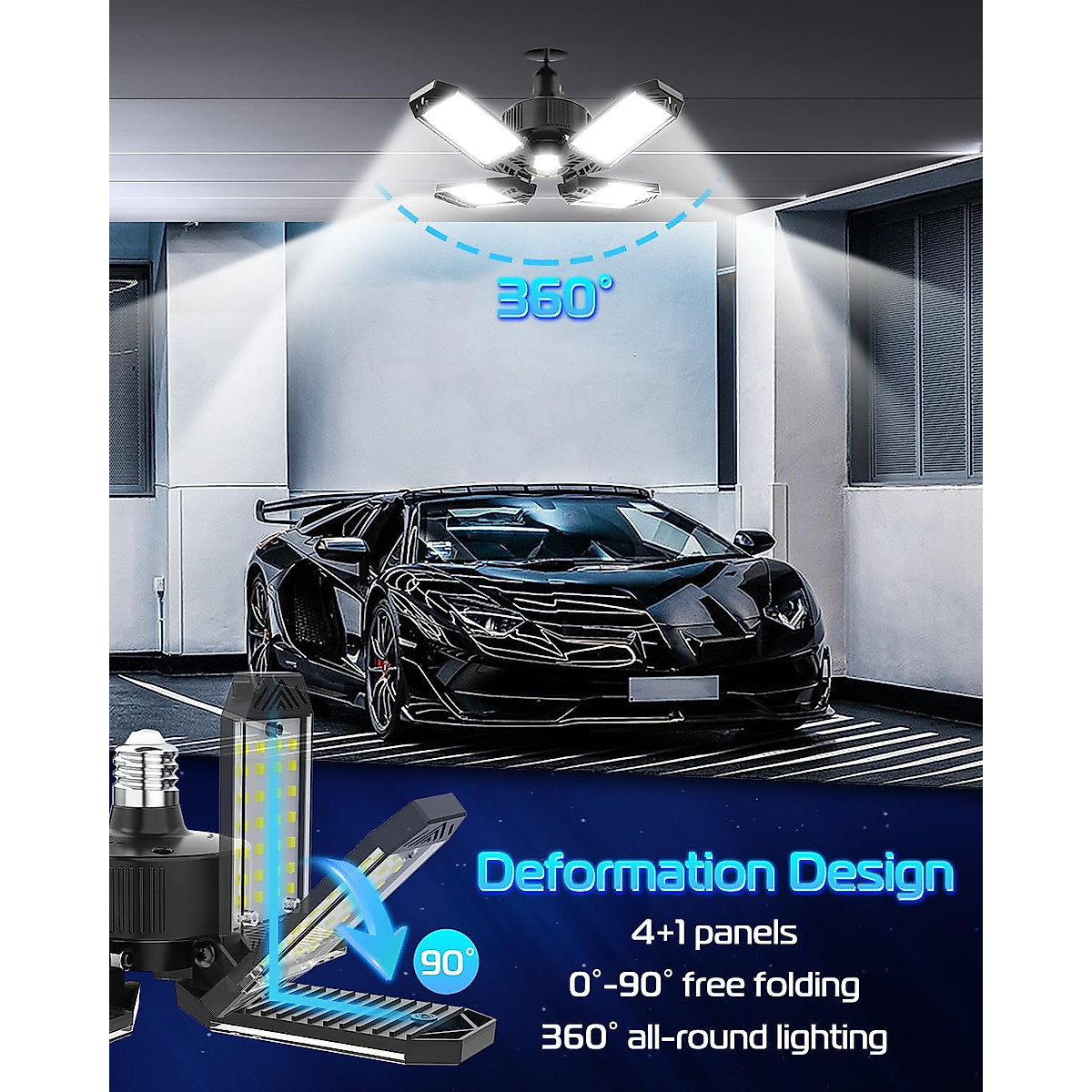 Garage Light - 2PACK 130W 13000LM Deformable 4+1 Panel LED Garage Light with LED Transformer, E26/27 Base, 6500K Daylight White Garage Lights Ceiling LED for Garage, Factory, Warehouse, Storage Room