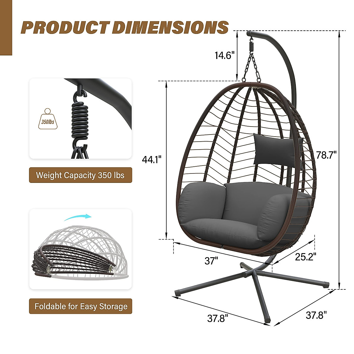 ALAULM Egg Swing Chair Outdoor Indoor Wicker Rattan Hanging Chair with Stand 350lbs Capacity w/Strong Frame & Grey Cushions for Patio Balcony Bedroom