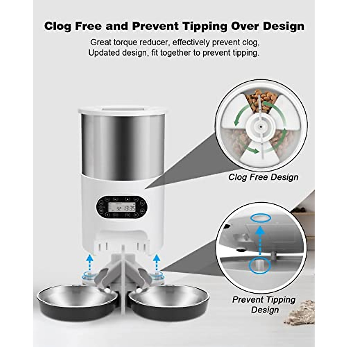 SLDPET Cat Feeder Automatic for 2 Cats 304 Stainless Steel Timed Cat Food Dispenser for Cats & Small Dog 4.5L with 2-Way Splitter with APP Control,10s Voice Recorder, Dual Power Supply