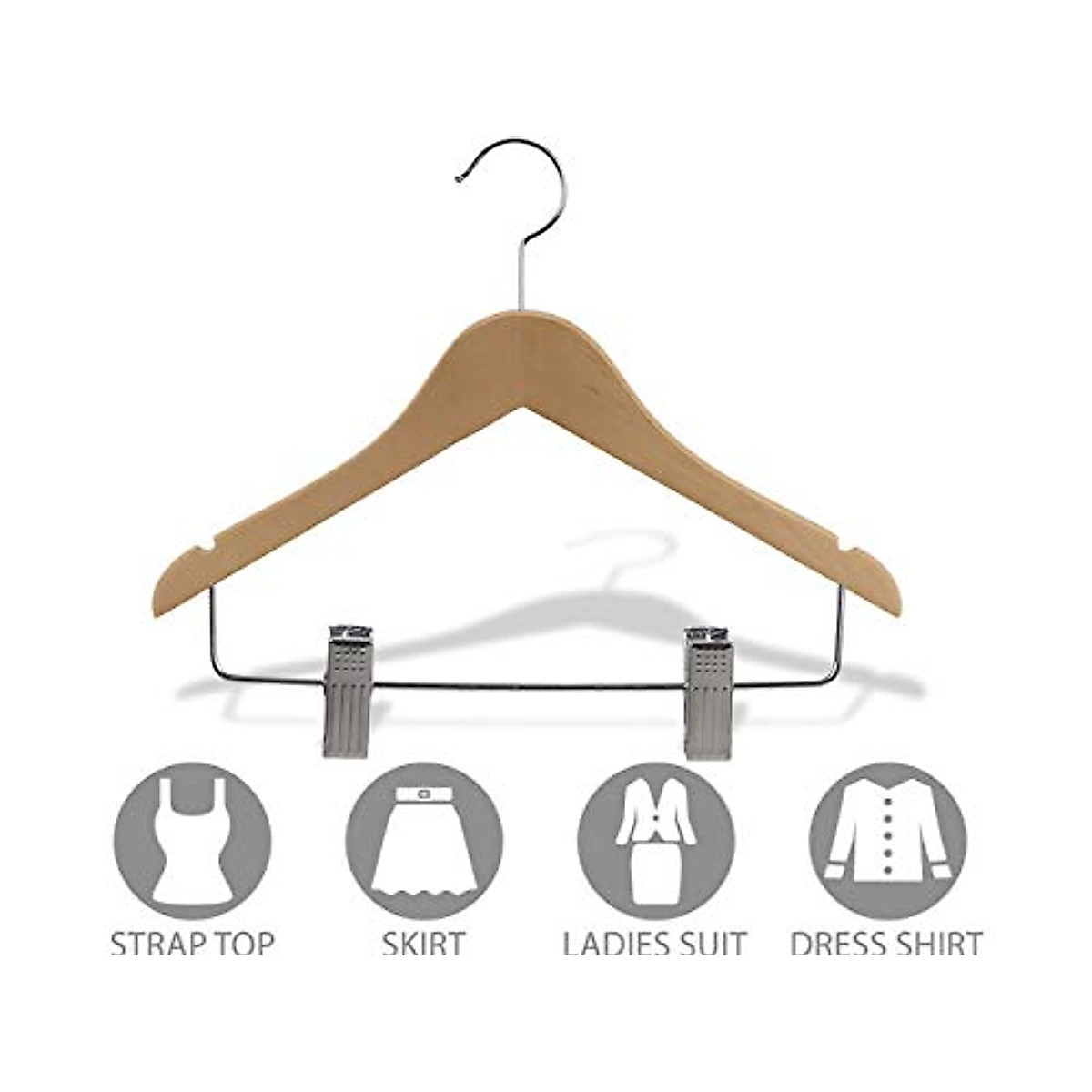 Wooden Junior Combo Hanger with Adjustable Cushion Clips, Box of 24 Flat 14 inch Hangers with Natural Finish, Notches and Chrome Swivel Hook by The Great American Hanger Company