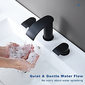 Matte Black Waterfall Bathroom Faucets for Sink 3 Hole - Widespread Bathroom Faucet Two Handles 8 Inch, Modern Bathroom Sink Faucet, with Metal Pop Up Drain Assembly & Supply Lines