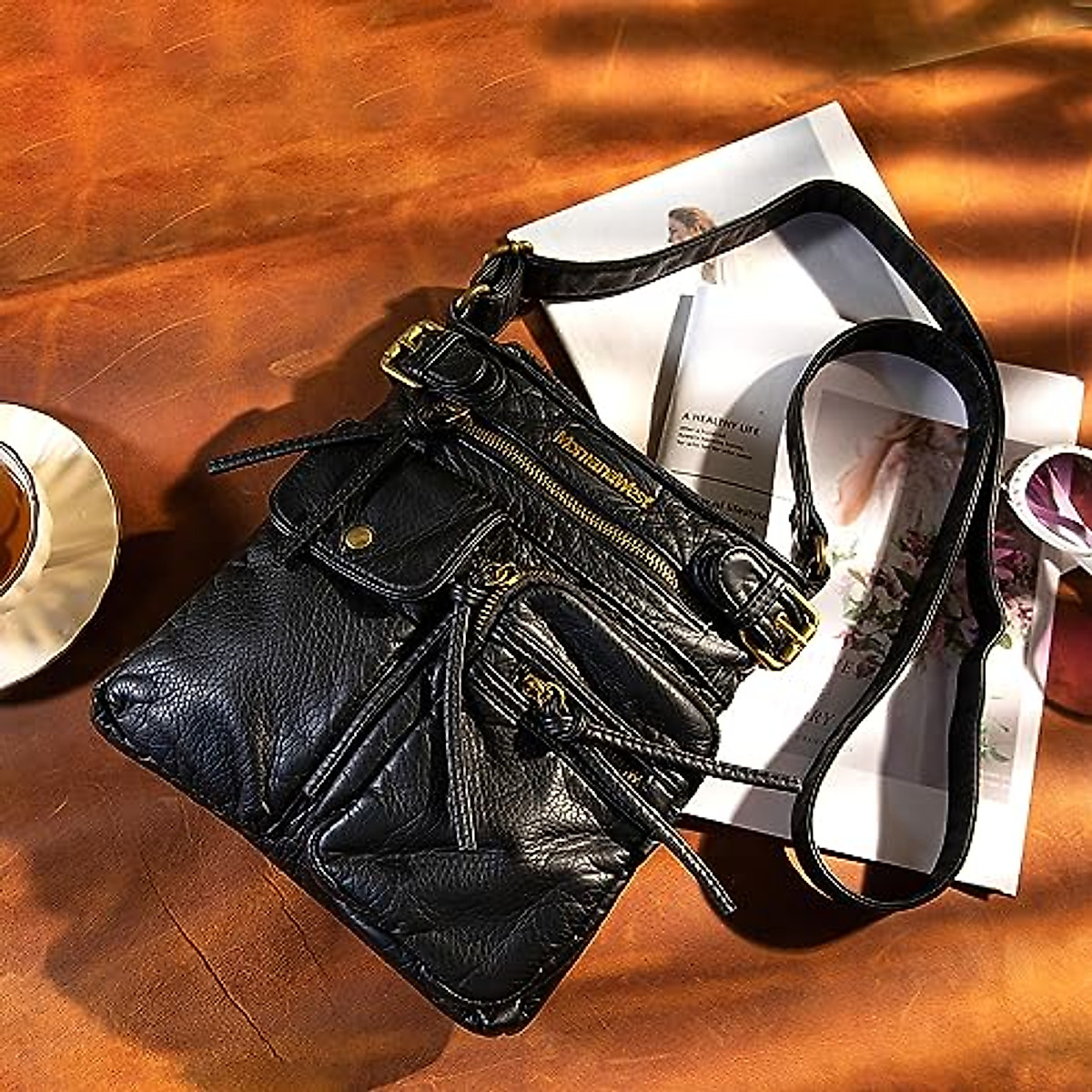 Montana West Crossbody Bag for Women Soft Leather Multi Pocket Shoulder Bags Vintage Women's Purses and Handbags MWC-046BK