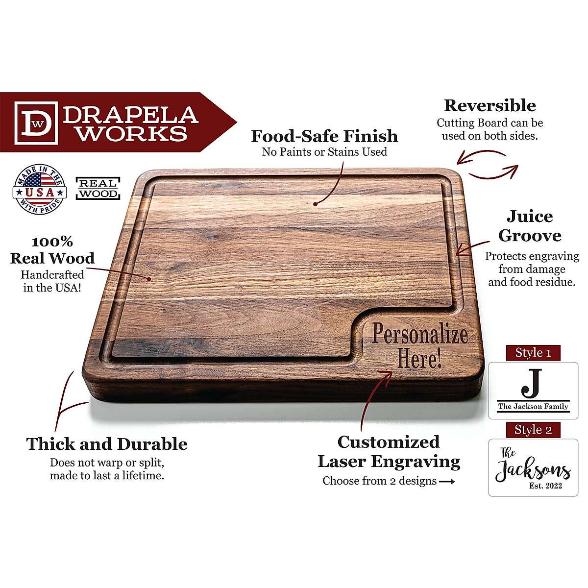Custom Cutting Boards Wood Engraved Cutting Board Personalized, USA Made - Thick Maple/Walnut Personalized Cutting Boards Wood Engraved, Personalized Wedding Gifts for the Couple