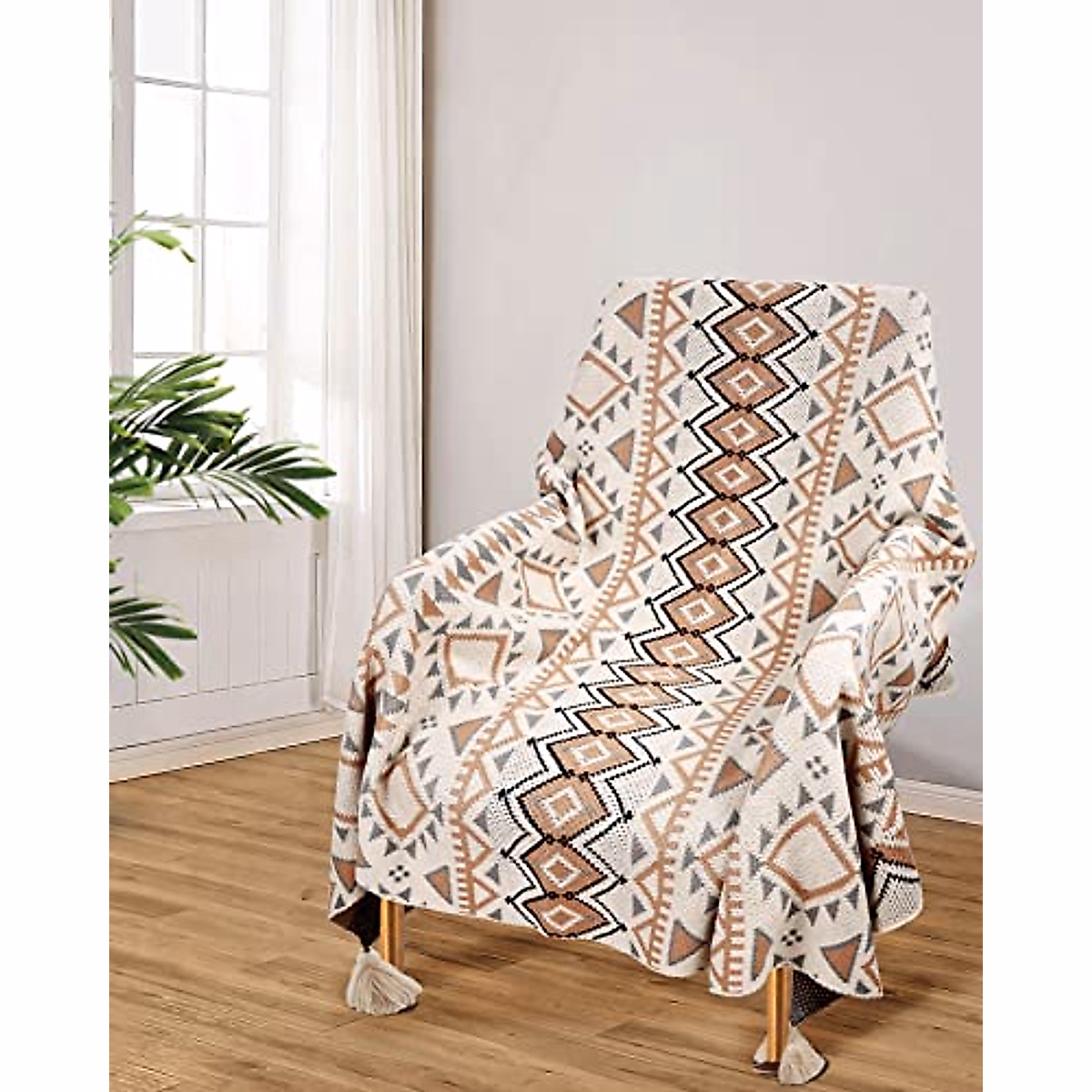 Knitted Throw Blanket for Couch with Tassels, Boho Style Throw for Home Decor, Small Cozy and Soft Blanket for Sofa or Outdoor, Navajo Farmhouse Blankets 50 x 60 Inches