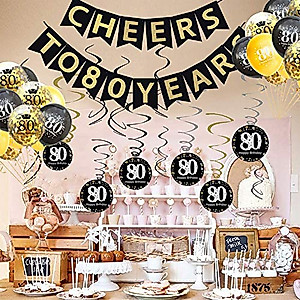 Trgowaul 80th Birthday Party Decorations Kit- Gold Glittery Cheers to 80 Years Banner, Pom Poms, 6Pcs Sparkling 80 Hanging Swirl, 1 Gold Number Balloon, 15 Confetti Balloons for 80 Birthday Decoration