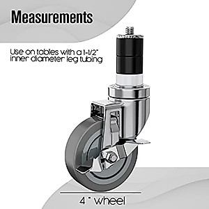 Houseables Kitchen Table Caster Wheel, 4 Pk, 4 Inch, Grey, Polyurethane, 300 LB Load Capacity Per Wheel, with Locking Mechanism, Adjustable, Swivel, Expanding Stem Caster, Furniture, Hardwood Floor