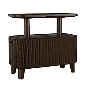 Keter Bevy Bar Indoor Outdoor 17 Gallon 2 in 1 Beverage and Snack Station Pop Up Side Table Bar Cart, Beer and Wine Cooler Storage, Rattan Brown