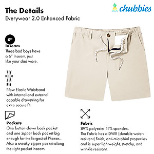 Chubbies Men's Performance Everywear Shorts 6 Inch Inseam, Water Resistant Chino Shorts, Large Khaki