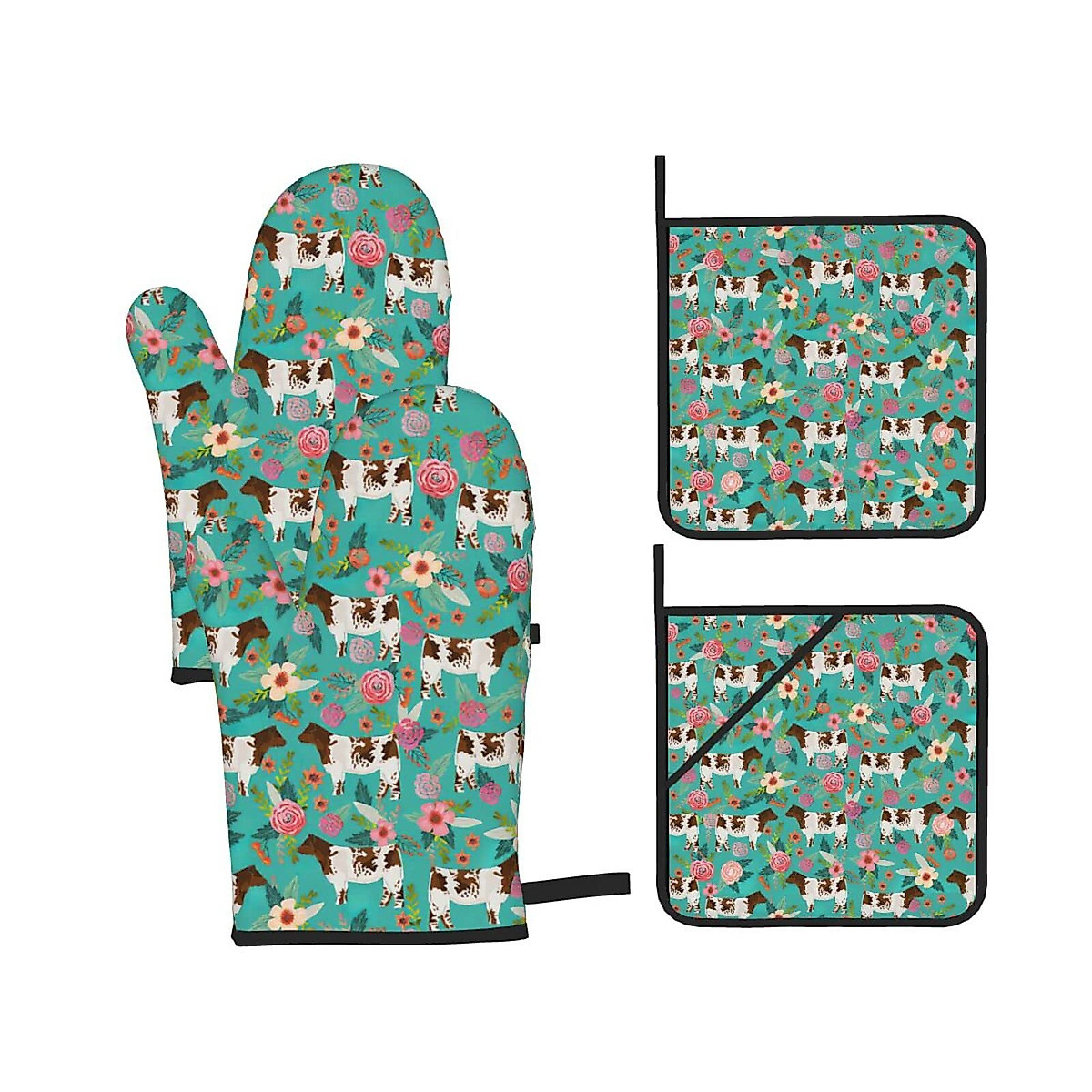 Floral Cow Oven Mitts and Pot Holders Sets, 4 Piece Set, Heat Resistant Polyester Gloves and Pads for Kitchen Cooking Baking Grilling BBQ