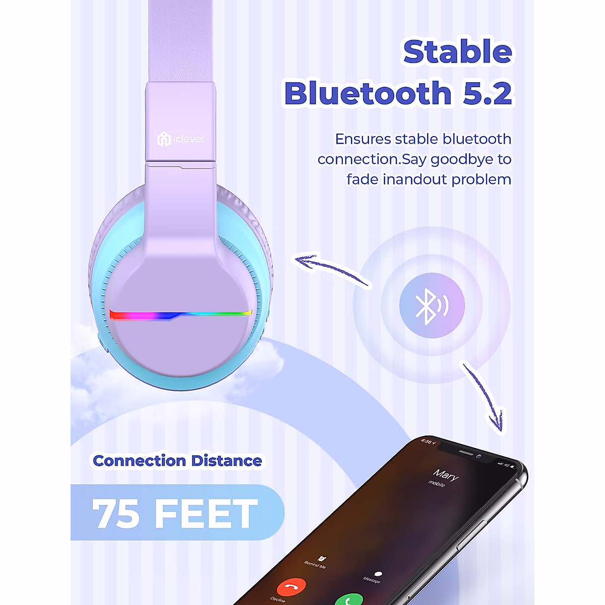 iClever BTH12 Kids Bluetooth Headphones,Colorful LED Lights Wireless Kids Headphones,74/85/94dB Volume Limited,55H Playtime,Bluetooth 5.2,Over Ear Headphones with Mic for iPad/Tablet/Traveling,Purple