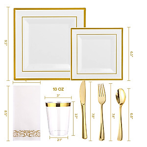 175 Piece Gold Dinnerware Set 25 Guest-50 Square Plastic Plates-25 Gold Plastic Silverware-25 Gold Plastic Cups-25 Gold Paper Napkins, FOCUSLINE Disposable Dinnerware Set