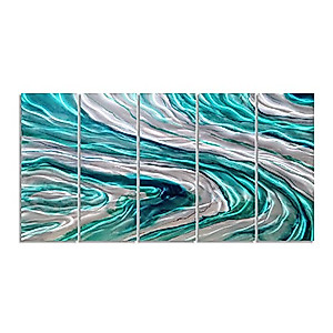 YHSKY ARTS Abstract Coastal Metal Art Wall Decor, Hand Crafted 5 Pieces Teal and Silver 3D Sculpture, Modern Sea Waves Aluminum Artwork for Living Room Bedroom Bathroom Decor