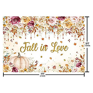 AIBIIN 7x5ft Fall in Love Backdrop Autumn Wedding Engagement Bridal Shower Party Decorations for Couple Pumpkin Gold Maple Leaf Burgundy Pink Floral Photography Background Banner Photo Shoot Props