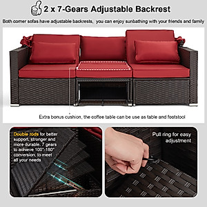 HOMREST 6 Pieces Patio Furniture Sets, Rattan Daybed with Retractable Canopy, Outdoor Sectional Sofa Set with Adjustable Backrest, Chaise Chair Sunbed for Garden Poolside Backyard (Wine Red)