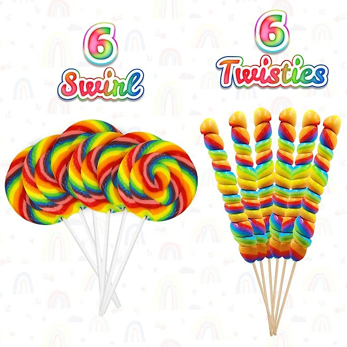 12 Jumbo Rainbow Swirl Lollipops Bundle, 6 Giant 4 Inch Swirl Suckers & 6 Twisty Pops 12 inch Height,Individually Wrapped Multi-Flavored Candy, Great for Summer At The Beach
