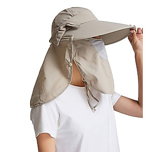 icolor Women Sun Cap Finshing Hats UPF+50 Detachable Face Mask Neck Flap Visor Wide Brim Sun Protection Hiking Hats Khaki
