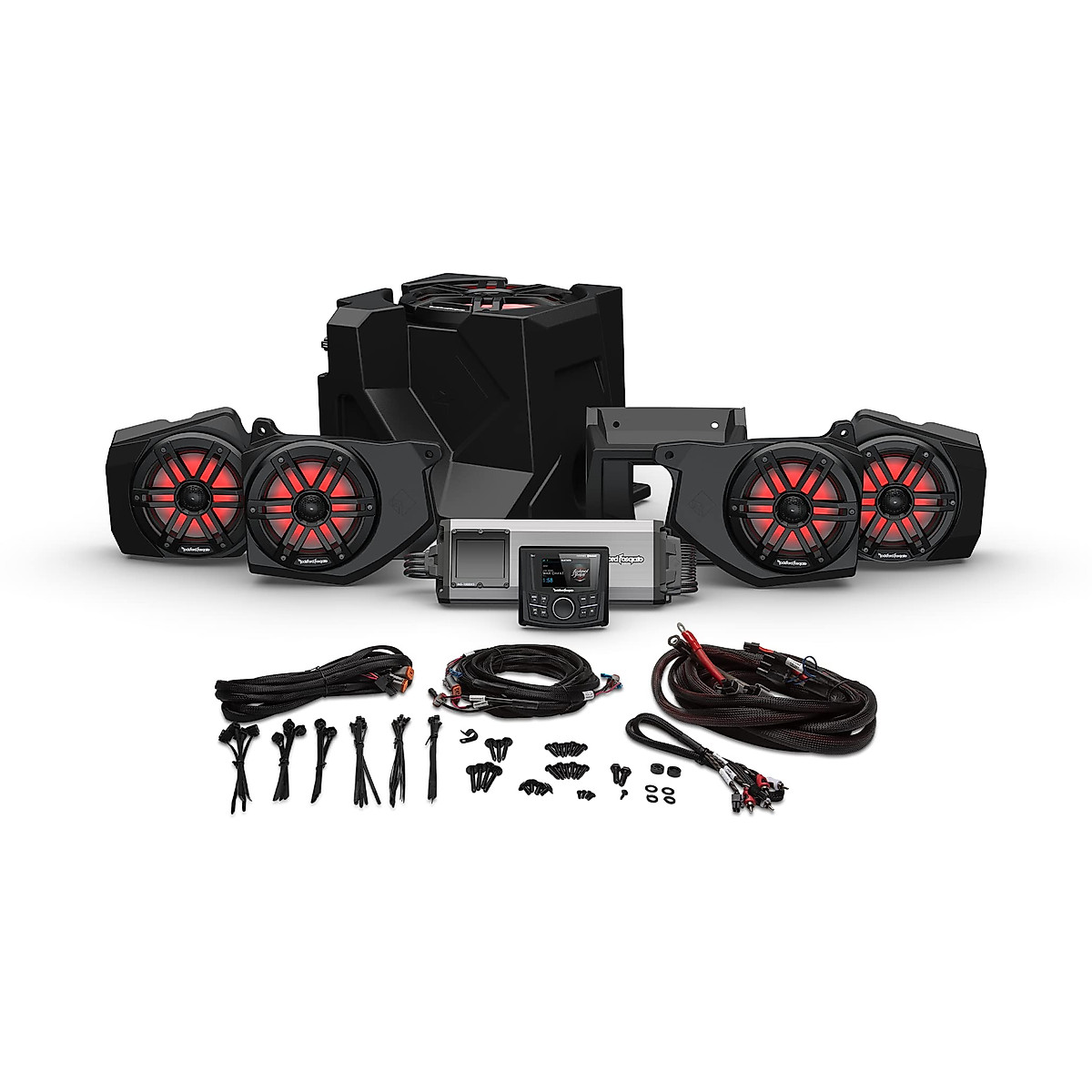 Rockford Fosgate RNGR18-STG4 Audio Kit: PMX-2 Receiver, 1500-Watt Amp, M1 Series Color Optix Multicolor LED Lighted Front & Rear Speakers plus Subwoofer for Select Polaris Ranger Models (2018-2022)