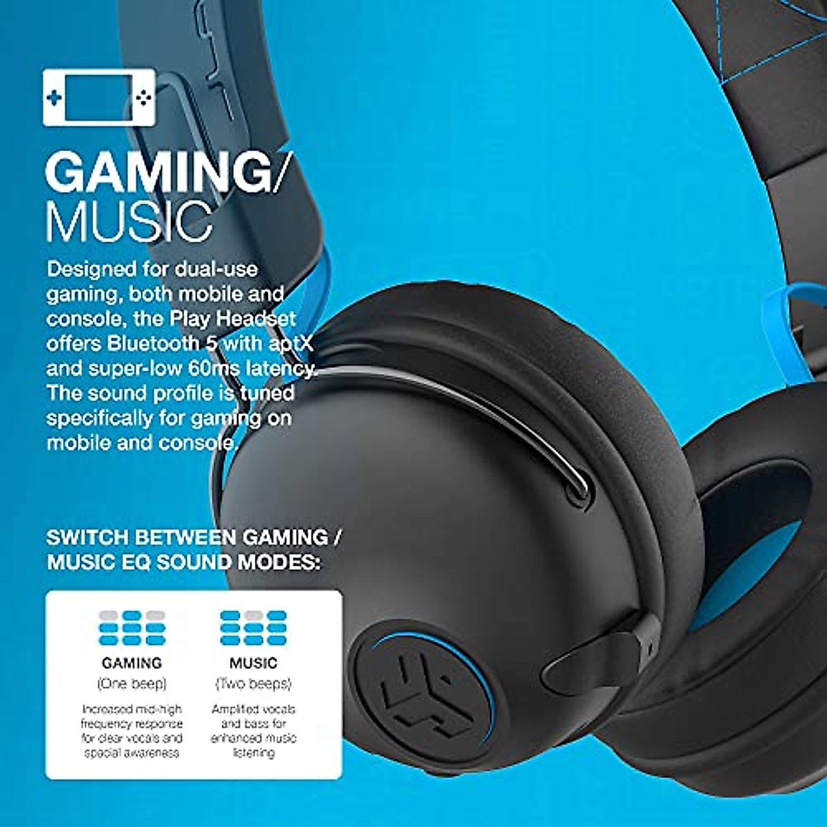 JLab Audio Play Gaming Wireless Headset | 22+ Hour Bluetooth 5 Playtime 60ms Super-Low Latency for Mobile Gameplay | Retractable Boom Mic | AUX Gaming Cord Compatible with Gaming Consoles (Renewed)
