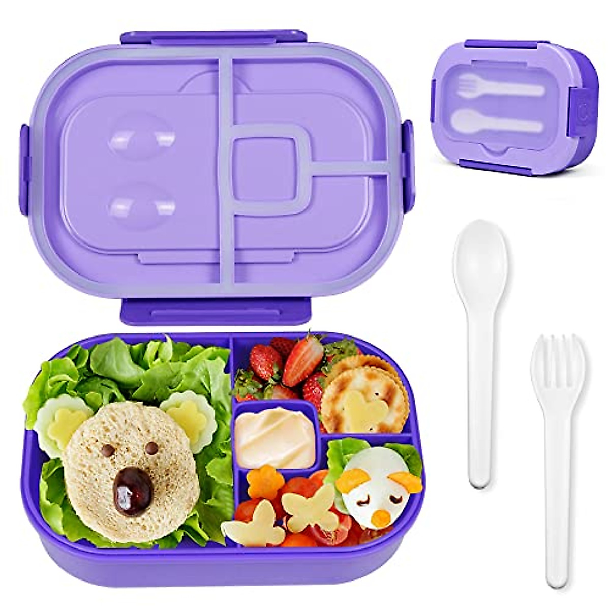 HONZUEN Bento Lunch Box, 4-Compartment Lunch Salad Container, Lunch Box Kit with Spoon and Fork, Microwave Safe Meal Prep Containers for Sandwich, Pasta, Fruit, Travel (Purple)