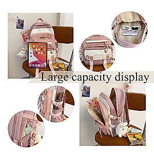 YJMKOI Kawaii Girl backpack with Cute Plush Doll Pendant Cute Elementary Schoolbag,Aesthetic Backpack for Teen Girls (Pink)