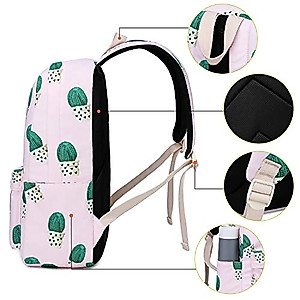 School Backpack Set 3 Pieces Lightweight Teen Girls Bookbags Insulated Lunch Bag Pencil Case (Cactus)