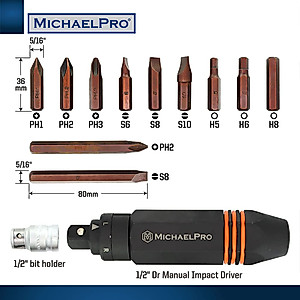 MichaelPro 1/2 Inch Drive Manual Impact Driver Set, Includes 11 Bits and 1/2" Bit Holder, 6-sided Enhanced Non-Slip Grip, Heavy Duty