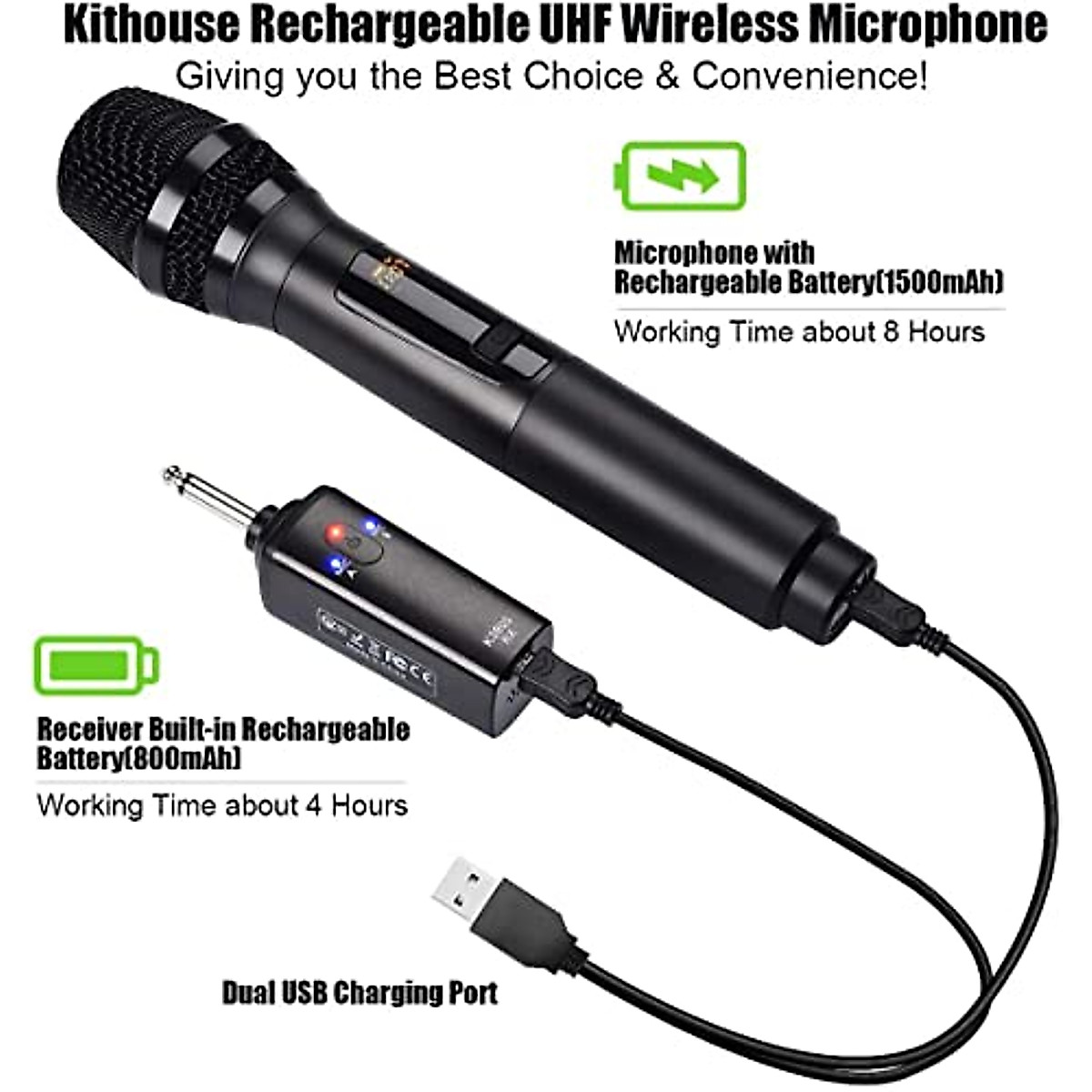 KITHOUSE K380S UHF Rechargeable Wireless Microphone Karaoke Microphone Wireless Mic Dual with Receiver System Set - Professional Handheld Dynamic Cordless Microphone for Singing Karaoke Speech Church