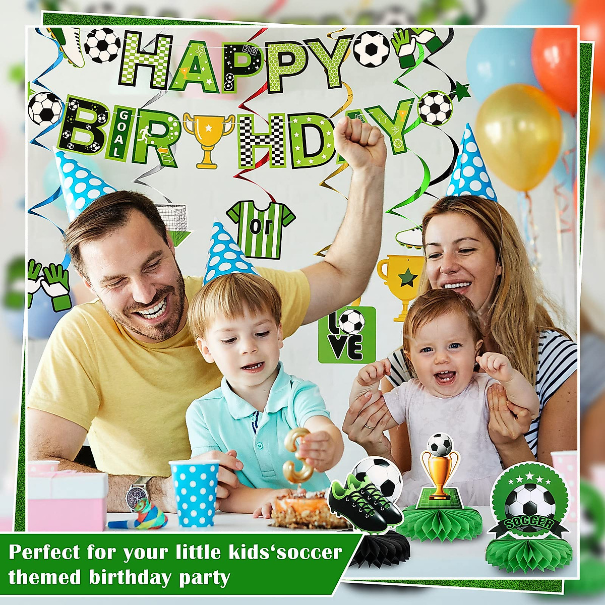 16 Pcs Soccer Birthday Party Decorations Soccer Party Supplies Include Soccer Happy Birthday Banner, Paper Cutouts, Honeycomb Centerpiece, Soccer Hanging Swirl for Boys Kids Sports Football Parties