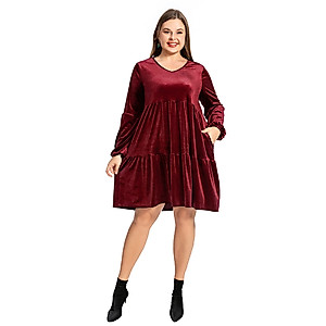 EORANF Womens Plus Size Velvet Dress Long Sleeve Christmas High Waist Dresses Ruched V Neck Tea Party Dress Wine Red 3XL