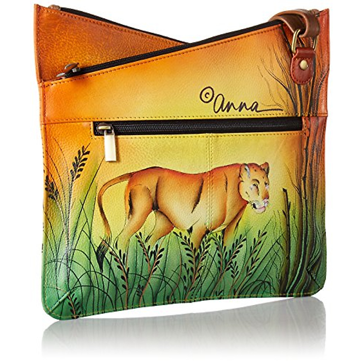 Anna by Anuschka Hand Painted Leather Women's V TOP MULTICOMPARTMENT Crossbody, Lion in Love