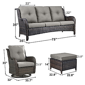 Outdoor Wicker Patio Furniture Set - 5 Pieces Rattan Patio Conversation Set with 2 Rocking Swivel Chairs,2 Ottomans and 1 Sofa for Porch Deck Backyard Garden(Brown/Grey)